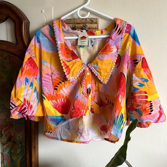FARM Rio | Tops | Farm Rio Colorful Parrot Collared Crop Top | Poshmark